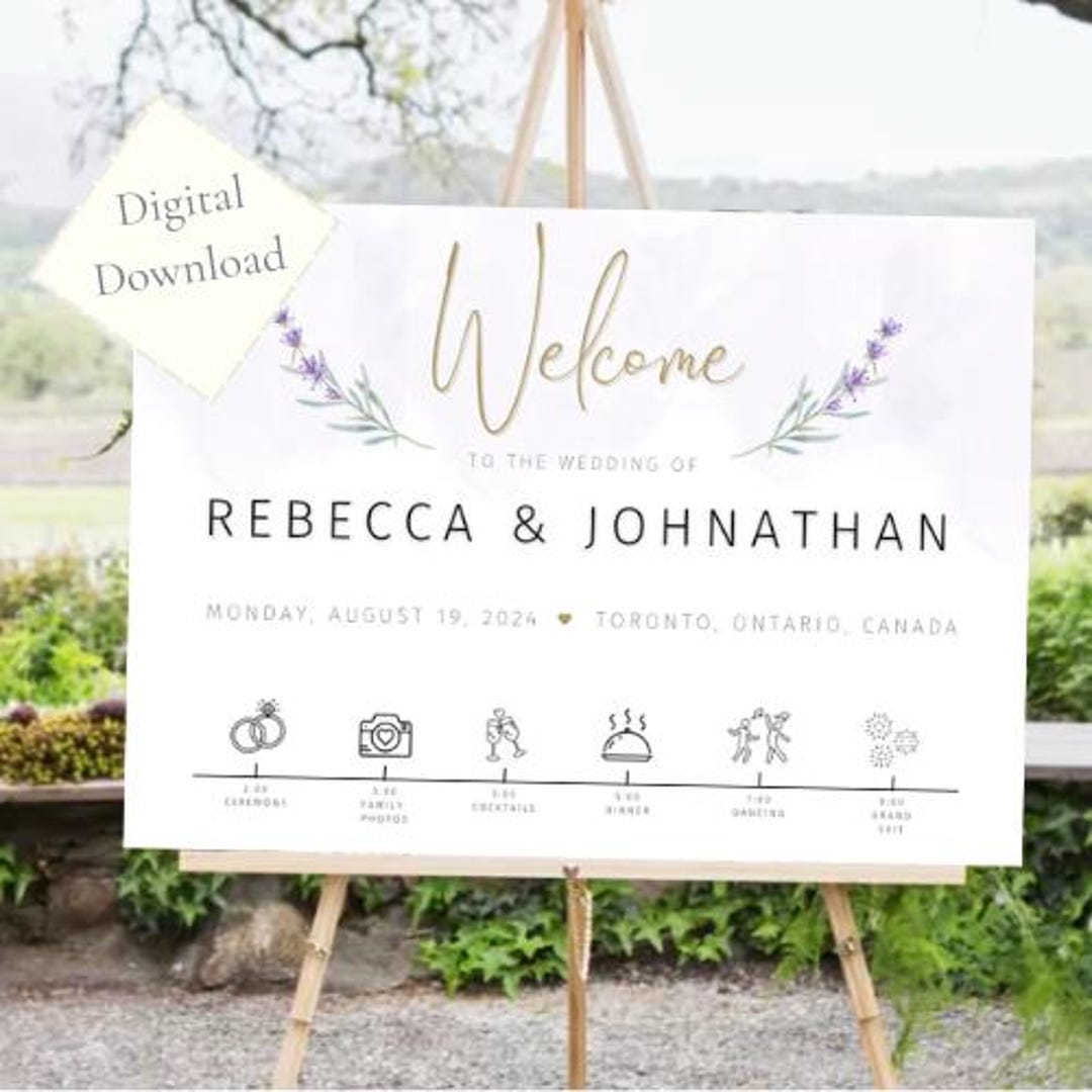Modern Lavender & Gold Wedding Welcome Sign | Editable Canva Template ...