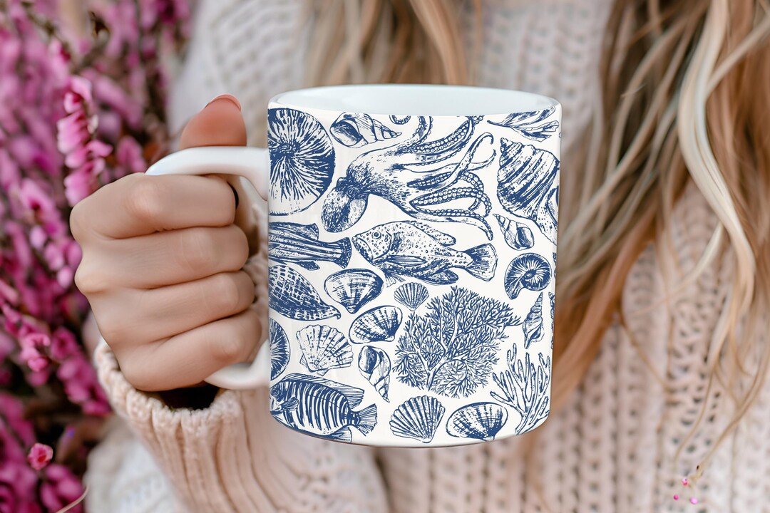 Sea Creatures Ceramic Mug for Boat Captain, Nautical Ocean Life Coffee ...