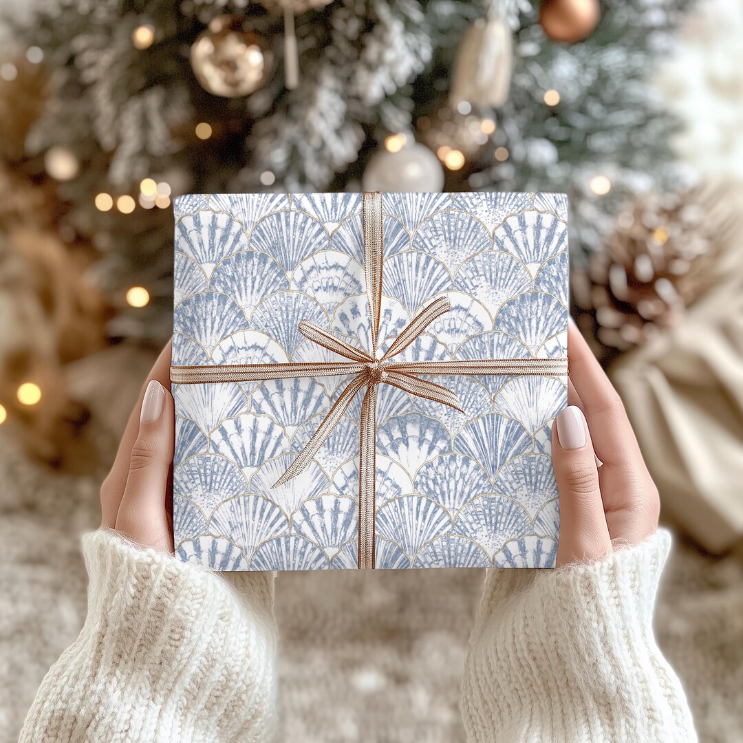 Coastal Christmas Shell Wrapping Paper, Nautical Holiday Gift Wrap ...