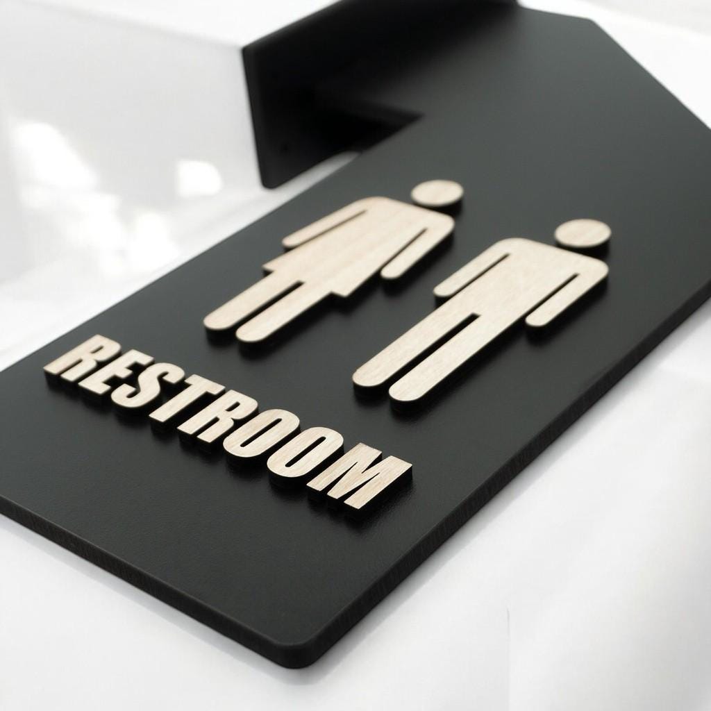 Modern Black Wood Restroom Sign - Toilet Direction for Cafe, Restaurant ...