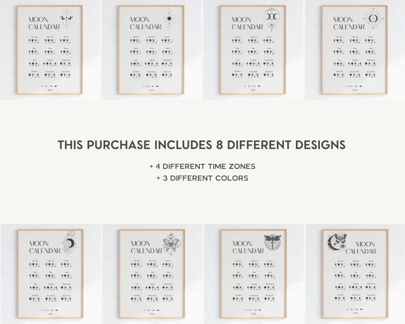 2025 Moon Phase Calendar 8 Different Designs Minimalist Astrology Wall ...
