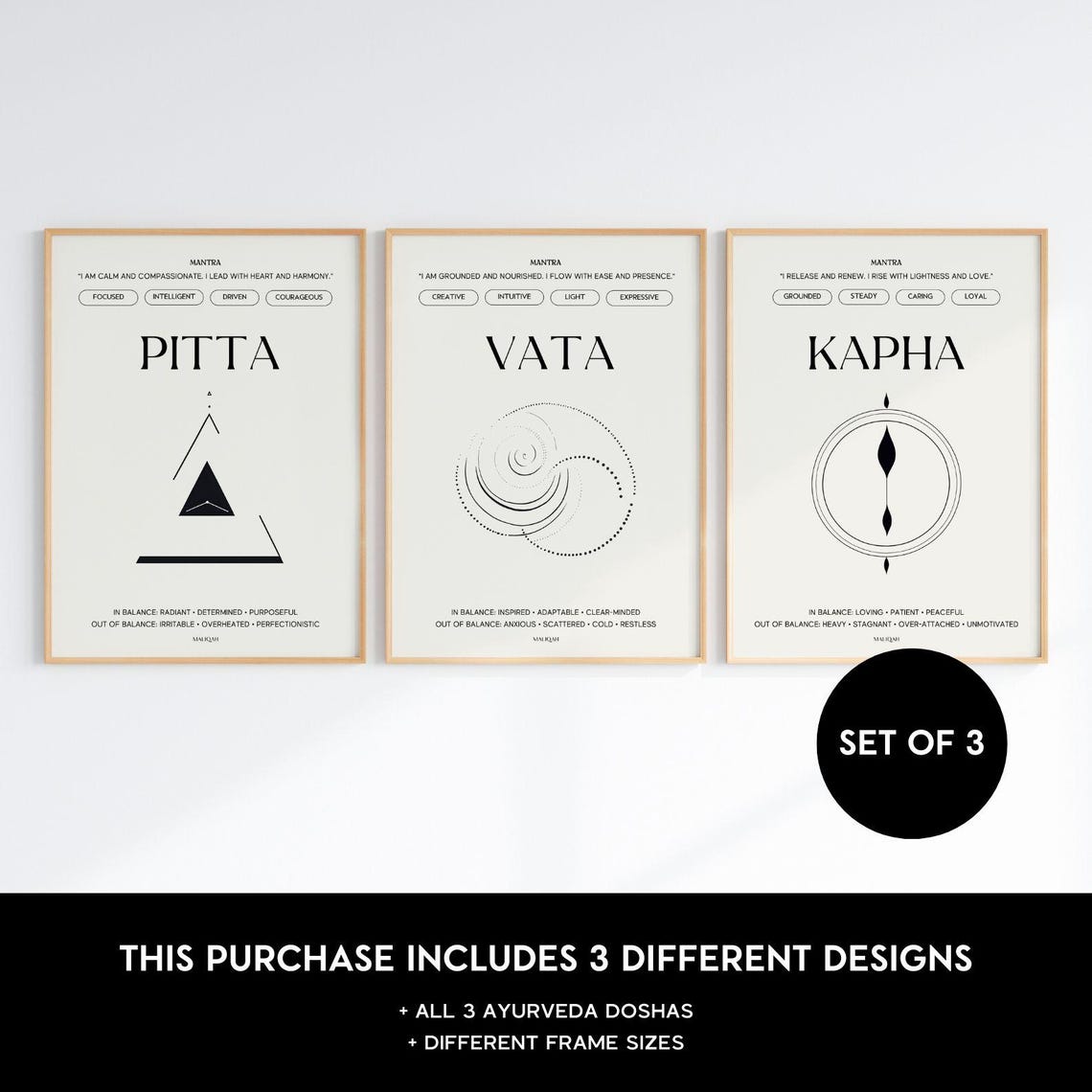 Ayurveda Dosha Poster Set Minimalist | Vata Pitta Kapha Spiritual Wall ...