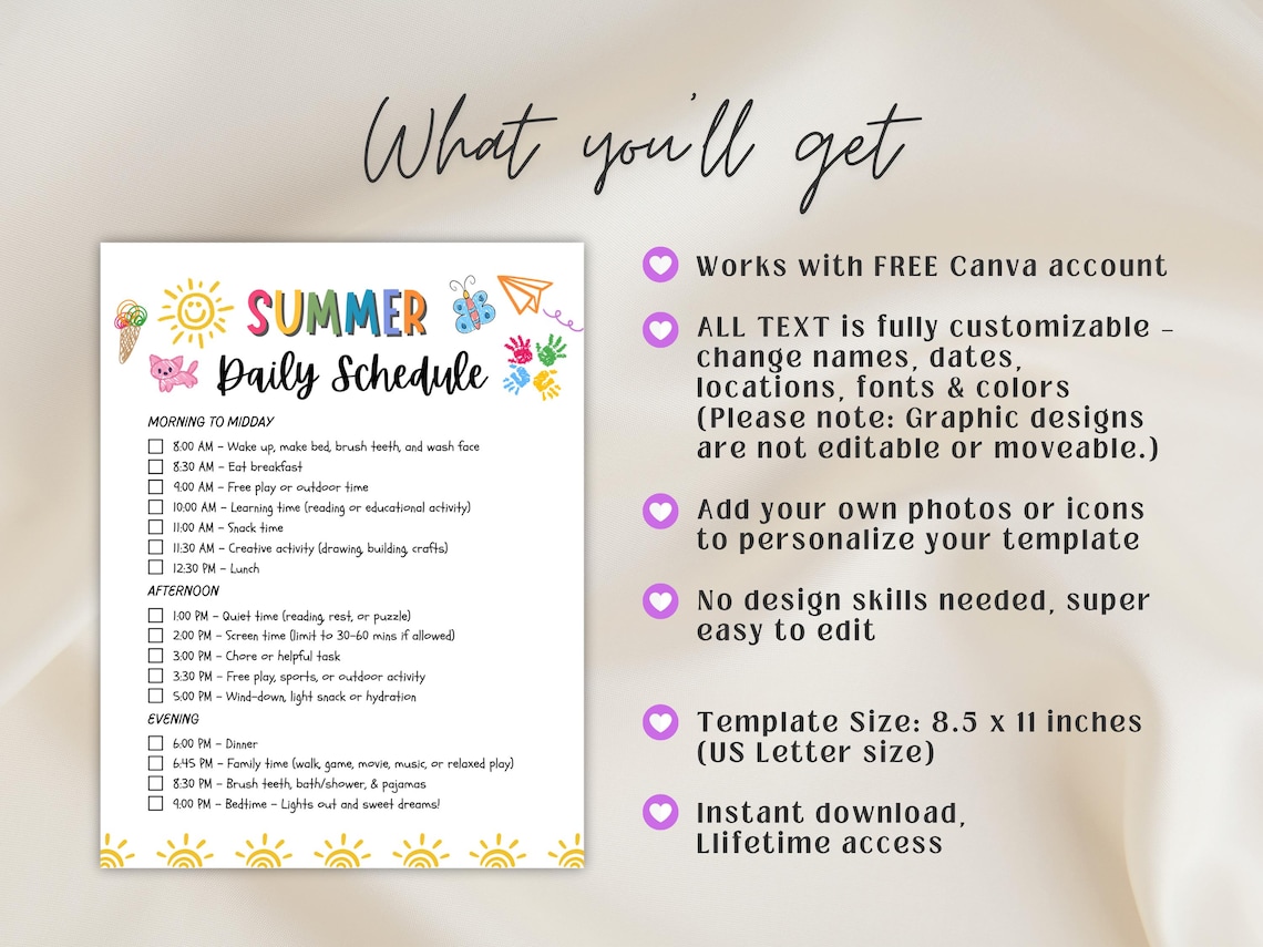 Editable Kids Daily Summer Schedule Template Planner Checklist ...
