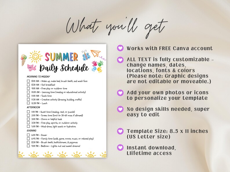 Editable Kids Daily Summer Schedule Template Planner Checklist ...