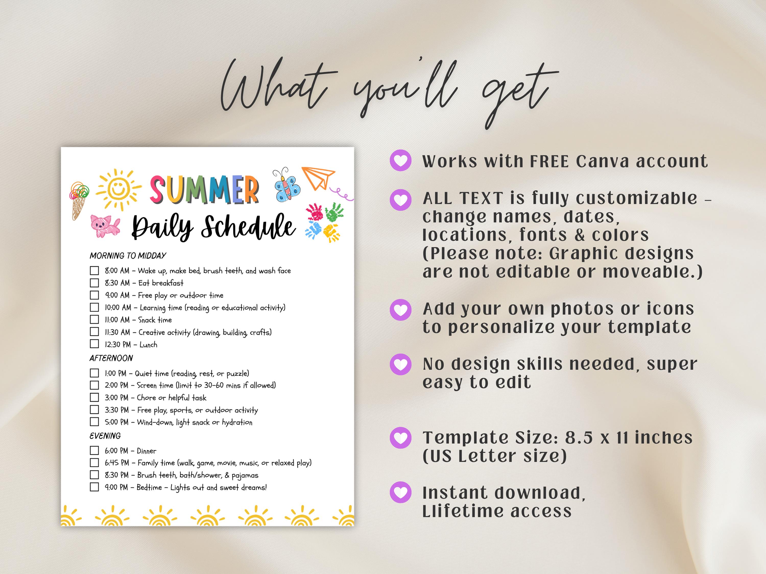 Editable Kids Daily Summer Schedule Template Planner Checklist ...