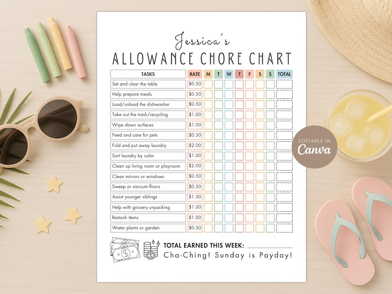 Editable Allowance Chore Chart for Teenager, Tweens, Pre-teens, Kids ...