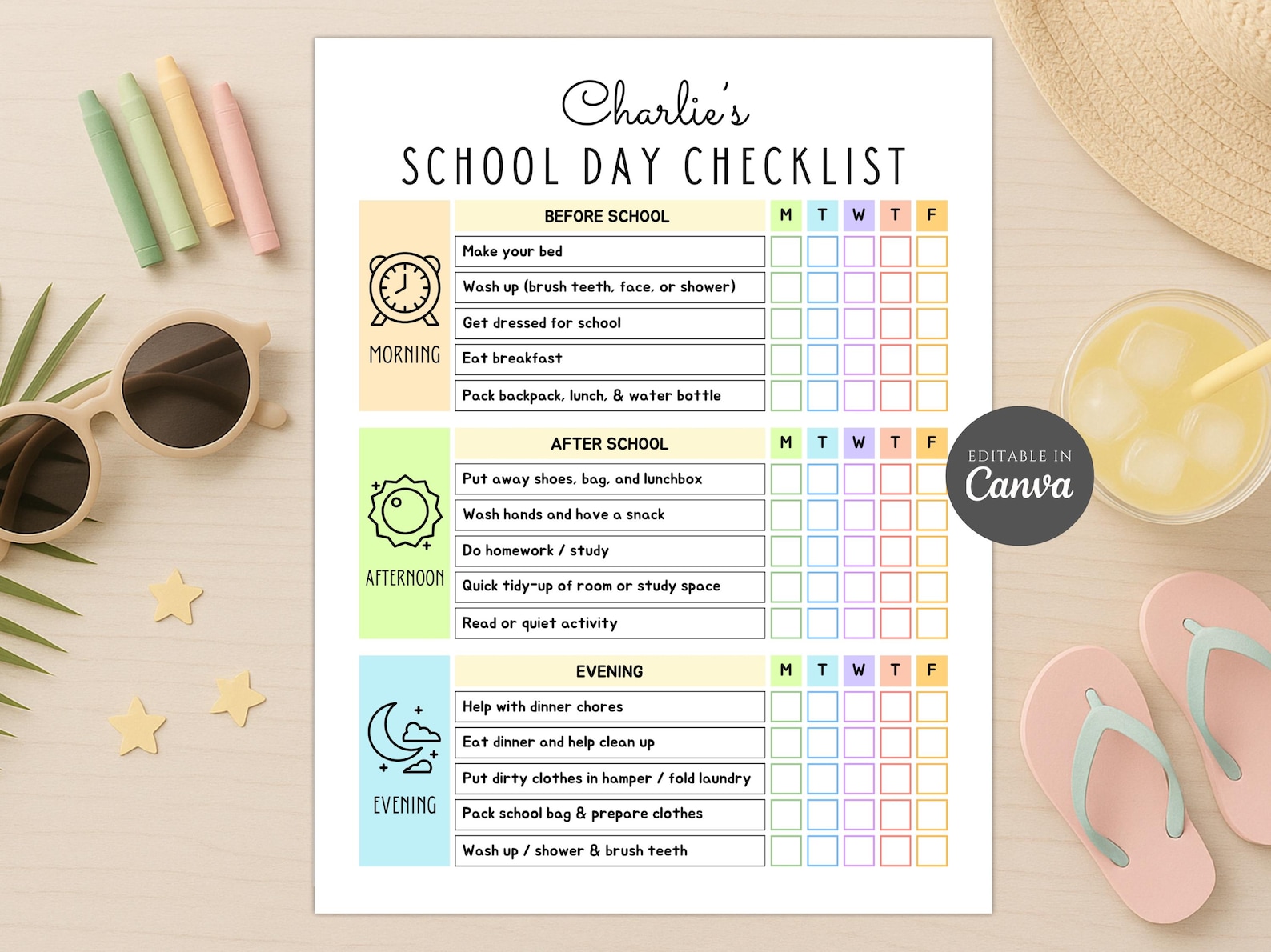 Editable School Daily Checklist for Teens Tweens Pre-teens Kids Chore ...