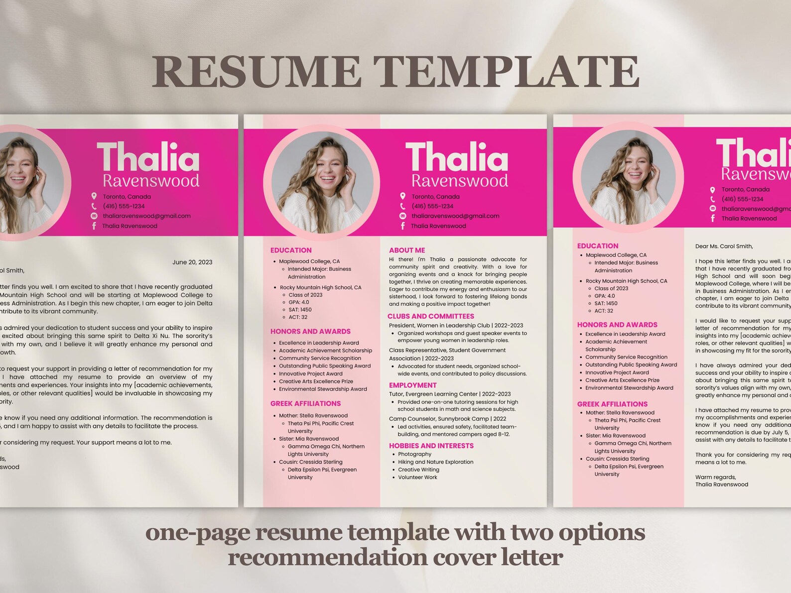 Sorority Resume Template and Cover Letter | Pink Editable Canva ...