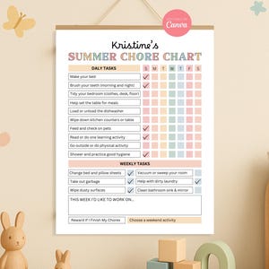 Editable Summer Chore Chart for Kids and Teens, Printable ...