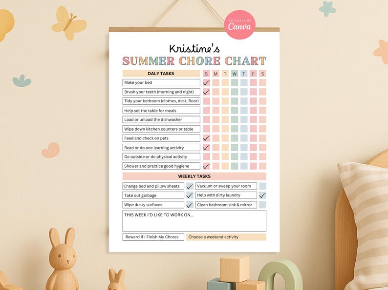 Editable Summer Chore Chart for Kids and Teens, Printable ...
