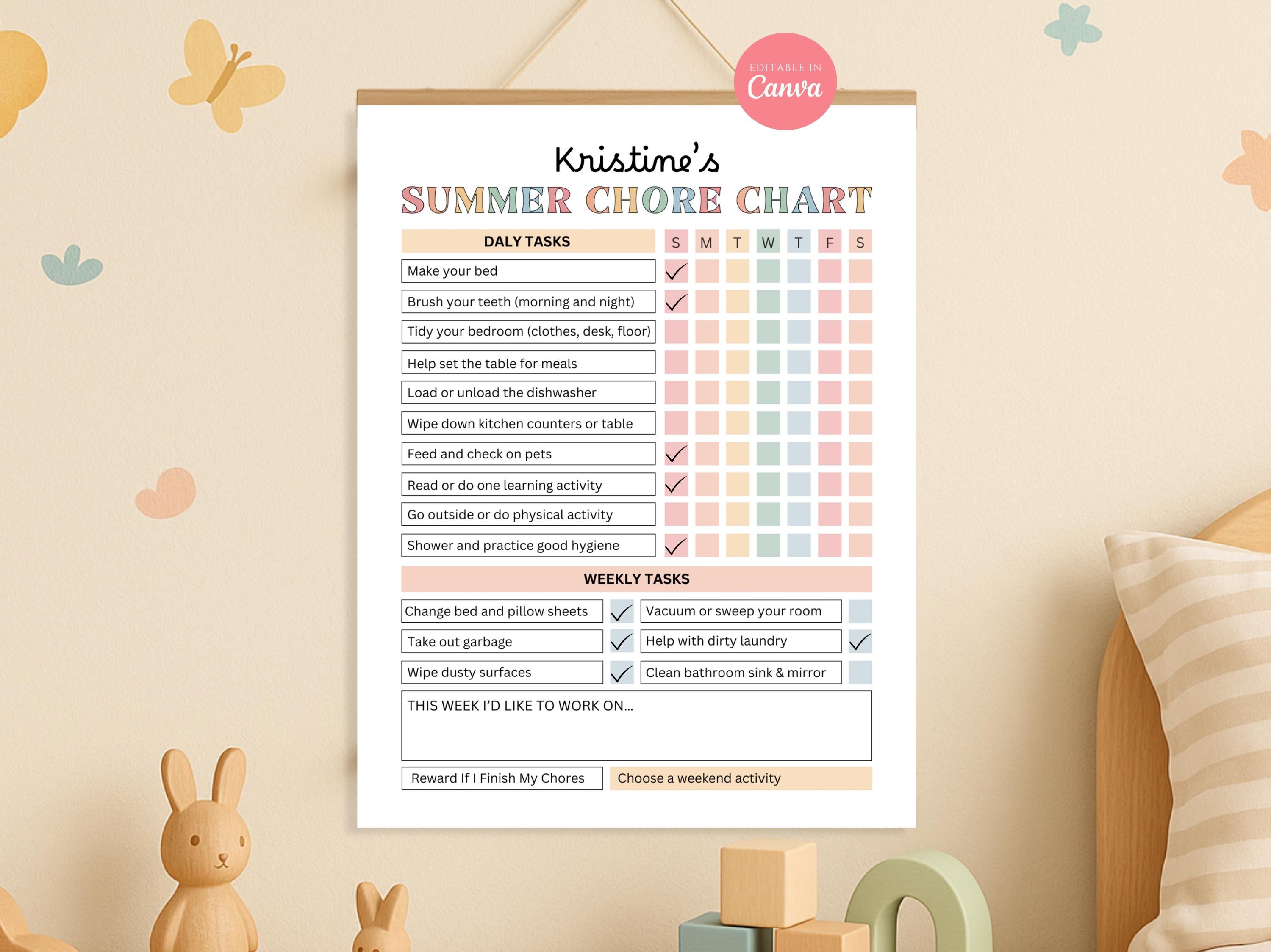 Editable Summer Chore Chart for Kids and Teens, Printable ...