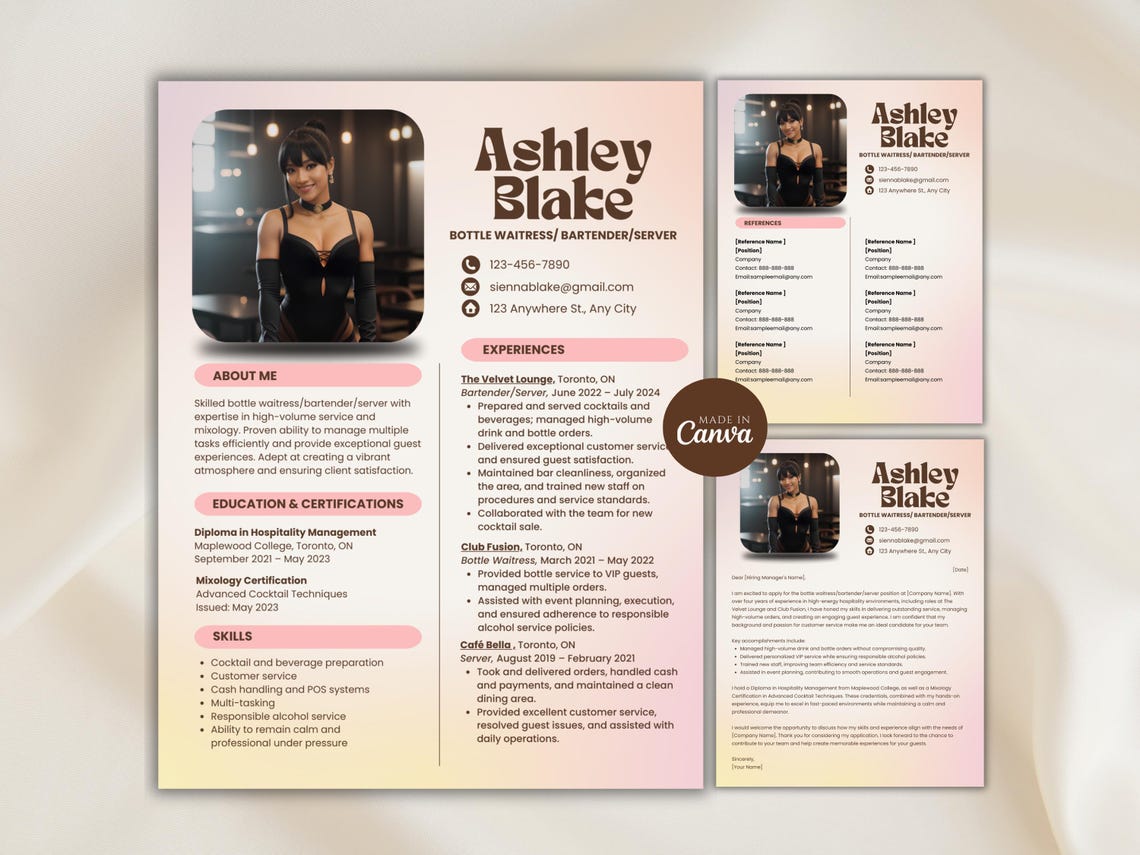 Bottle Girl, Waitress, Bartender Resume Template With Photo, Club ...