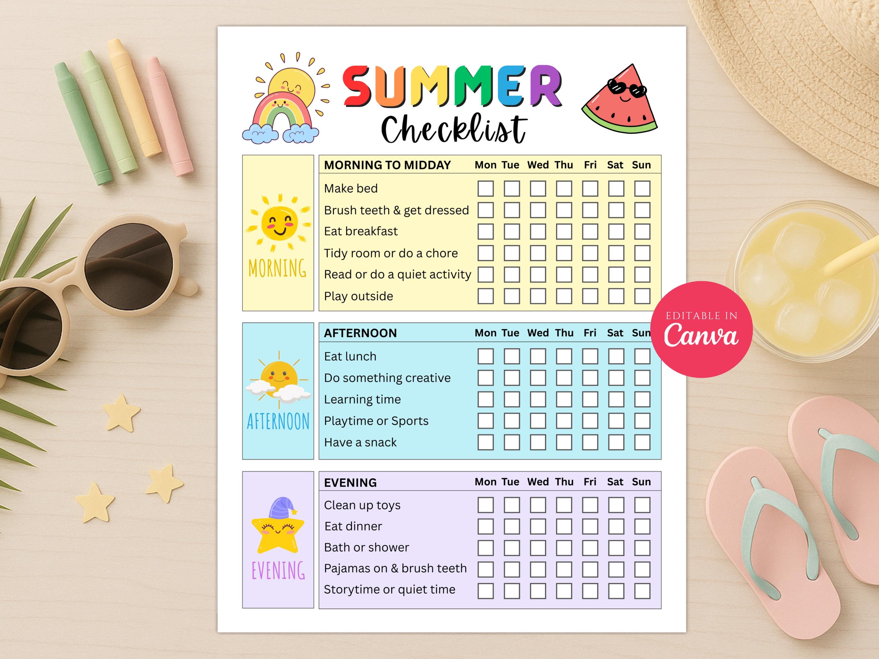 Editable Summer Chore Chart for Kids, Kids Daily Routine Chart Summer ...