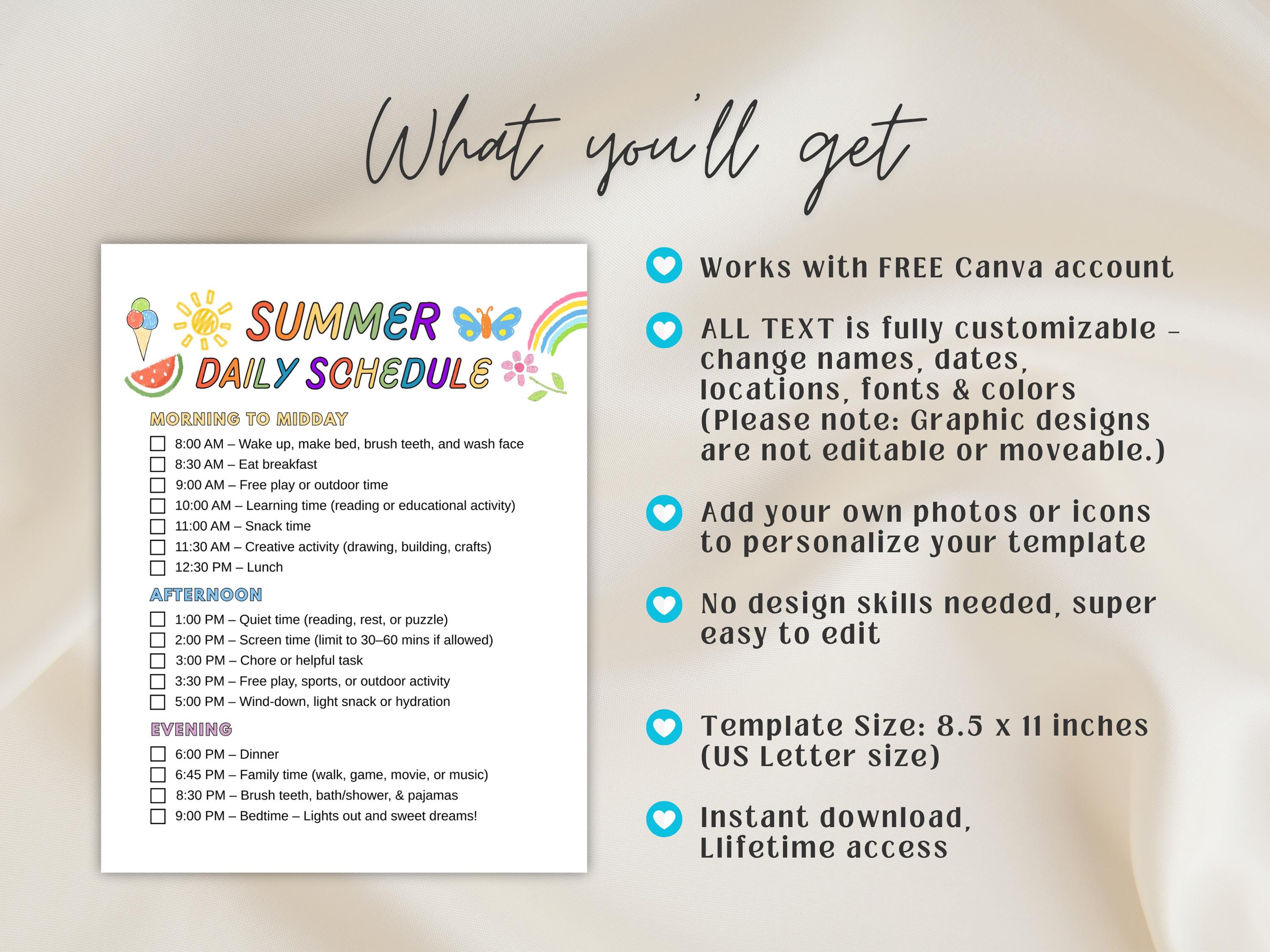 Editable Kids Summer Daily Schedule Template, Kid Schedule Chore Chart ...