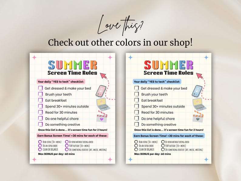 Editable Kids Summer Screentime Chart Summer Screen Time Rules Tracker ...