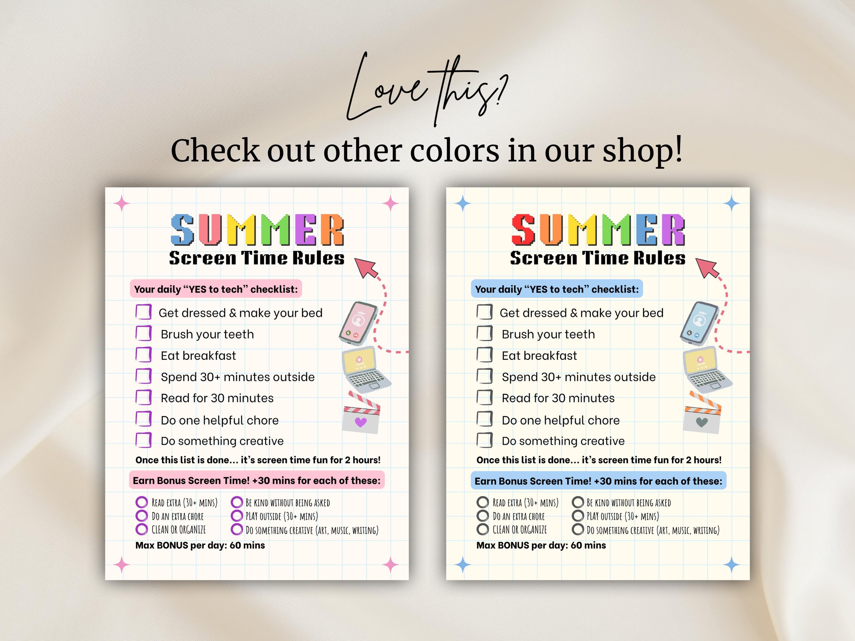 Editable Kids Summer Screentime Chart Summer Screen Time Rules Tracker ...