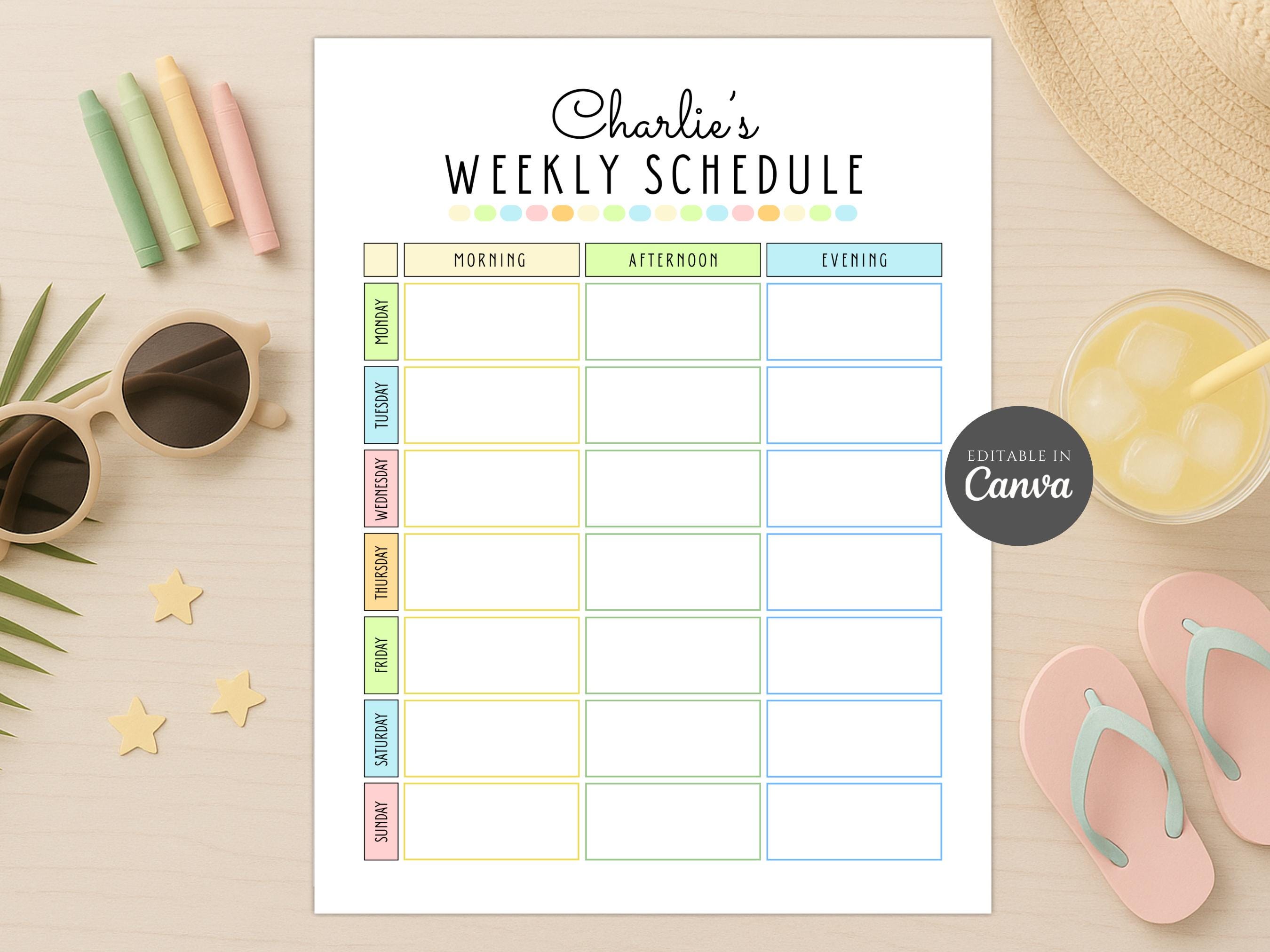 Editable Weekly Schedule for Teens Tweens Pre-teen Kids Weekly Planner ...