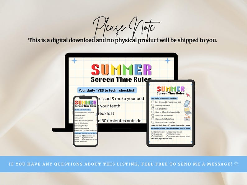 Editable Kids Summer Screentime Chart Summer Screen Time Rules Tracker ...