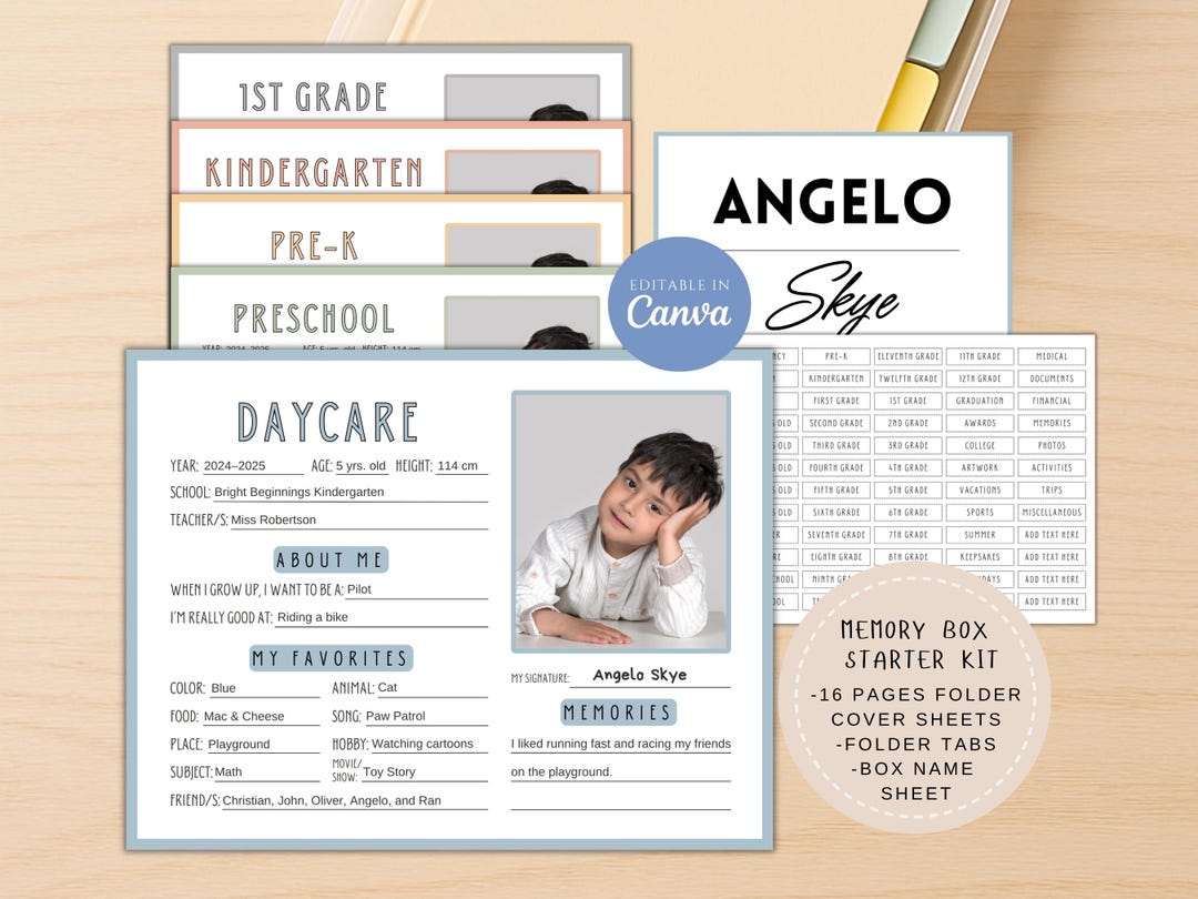 Editable School Memory Box Kit: Printable File Folder & Tabs (canva ...