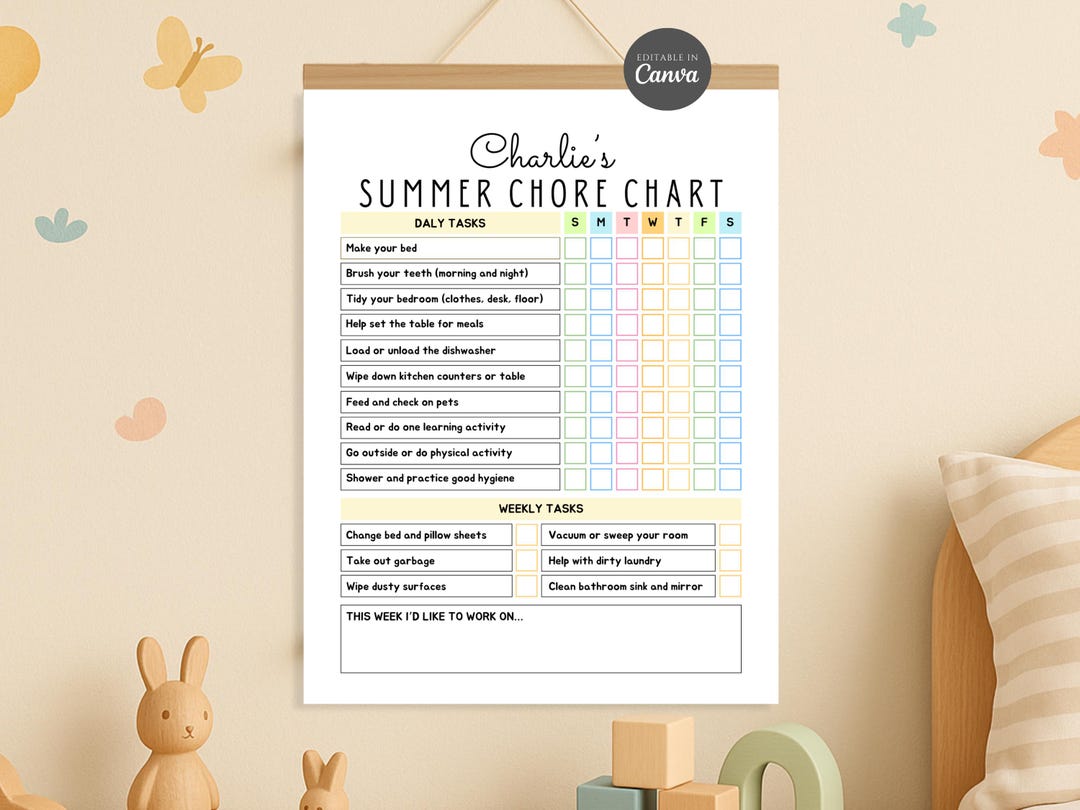 Editable Summer Chore Chart for Teens Tweens Pre-teens, Daily and ...