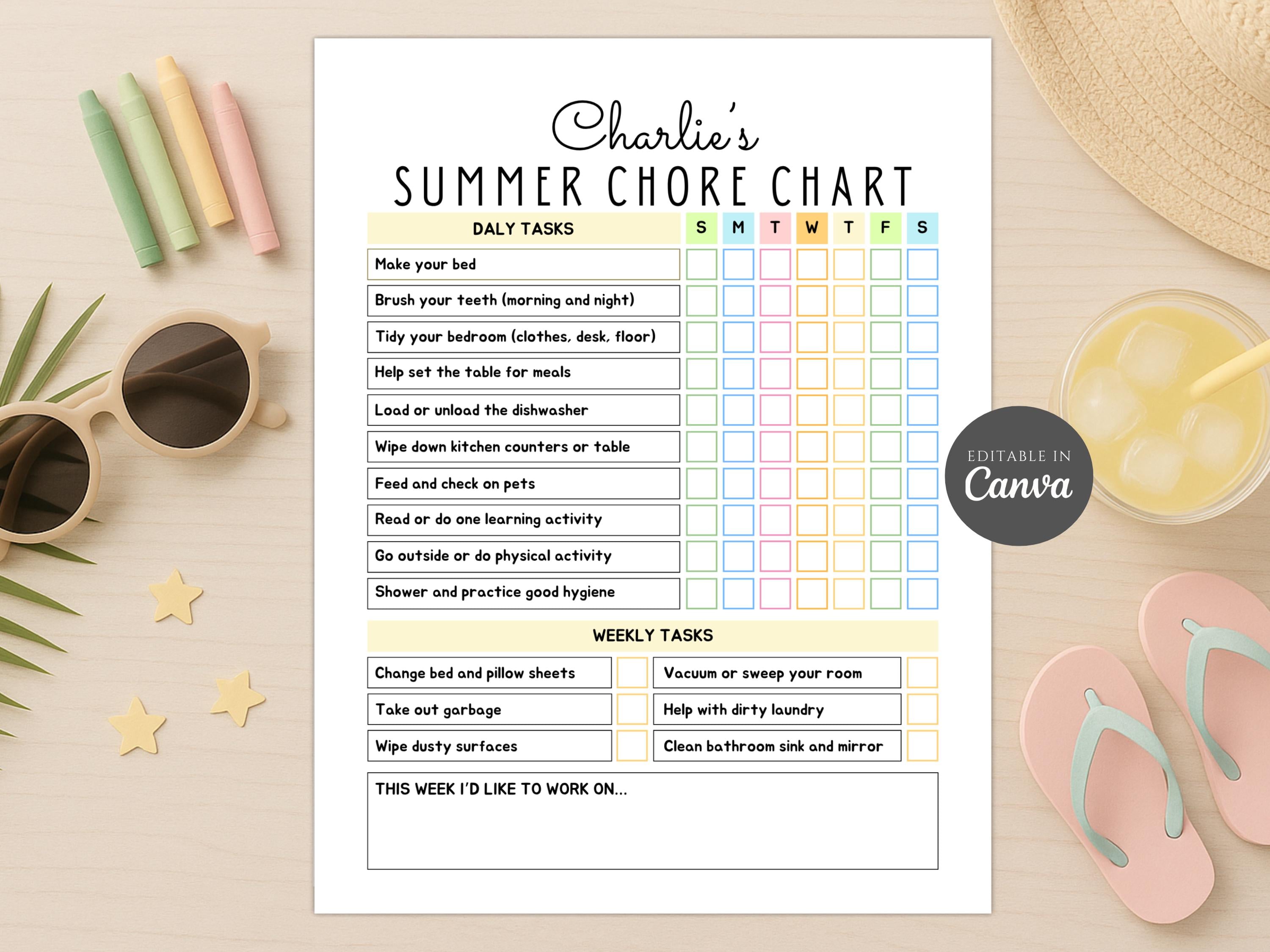 Editable Summer Chore Chart for Teens Tweens Pre-teens, Daily and ...