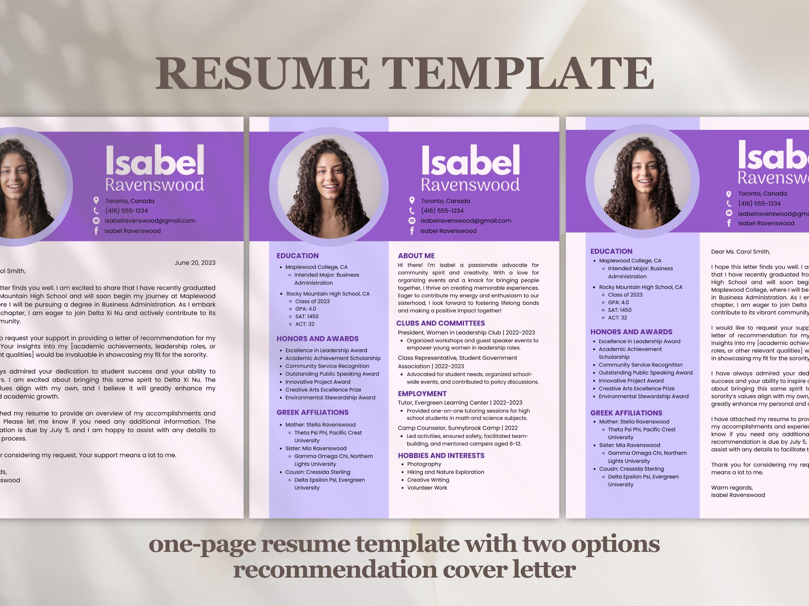 Sorority Resume Template With Photo Purple Customizable Canva Rush ...