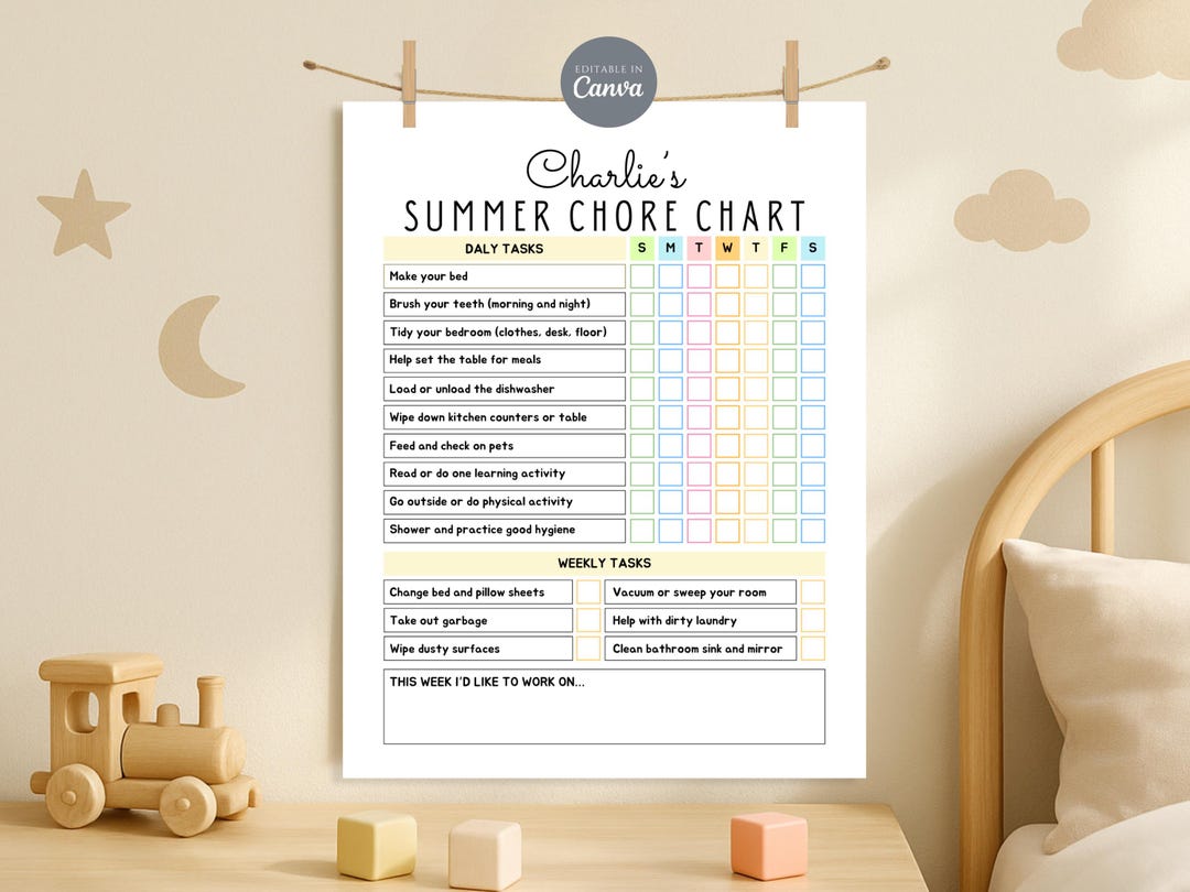 Editable Summer Chore Chart for Teens Tweens Pre-teens, Daily and ...