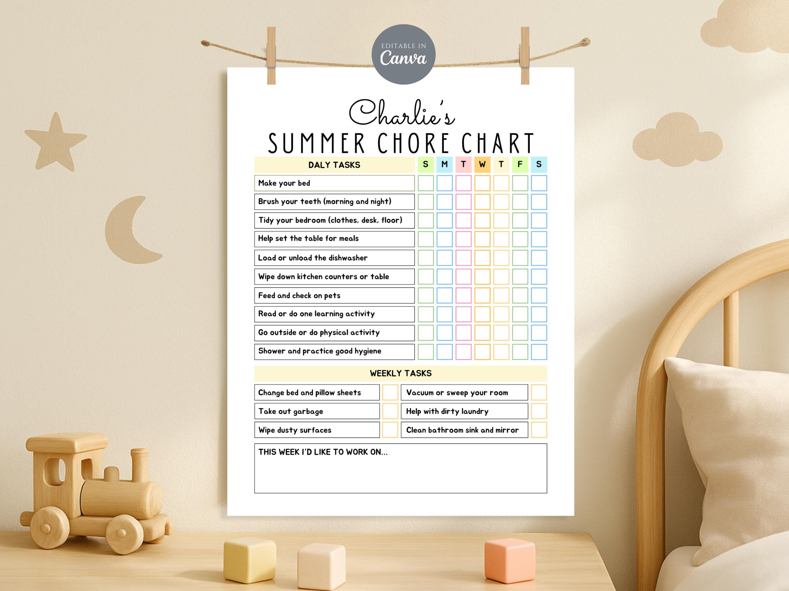 Editable Summer Chore Chart for Teens Tweens Pre-teens, Daily and ...