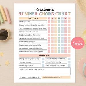 Editable Summer Chore Chart for Kids and Teens, Printable ...