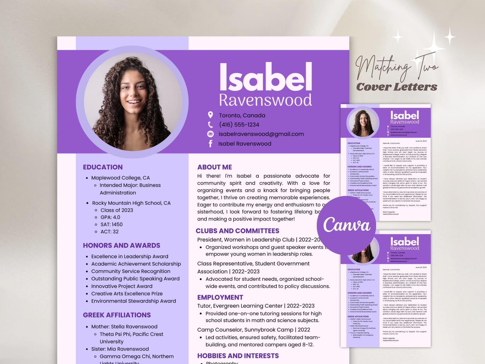 Sorority Resume Template With Photo Purple Customizable Canva Rush ...