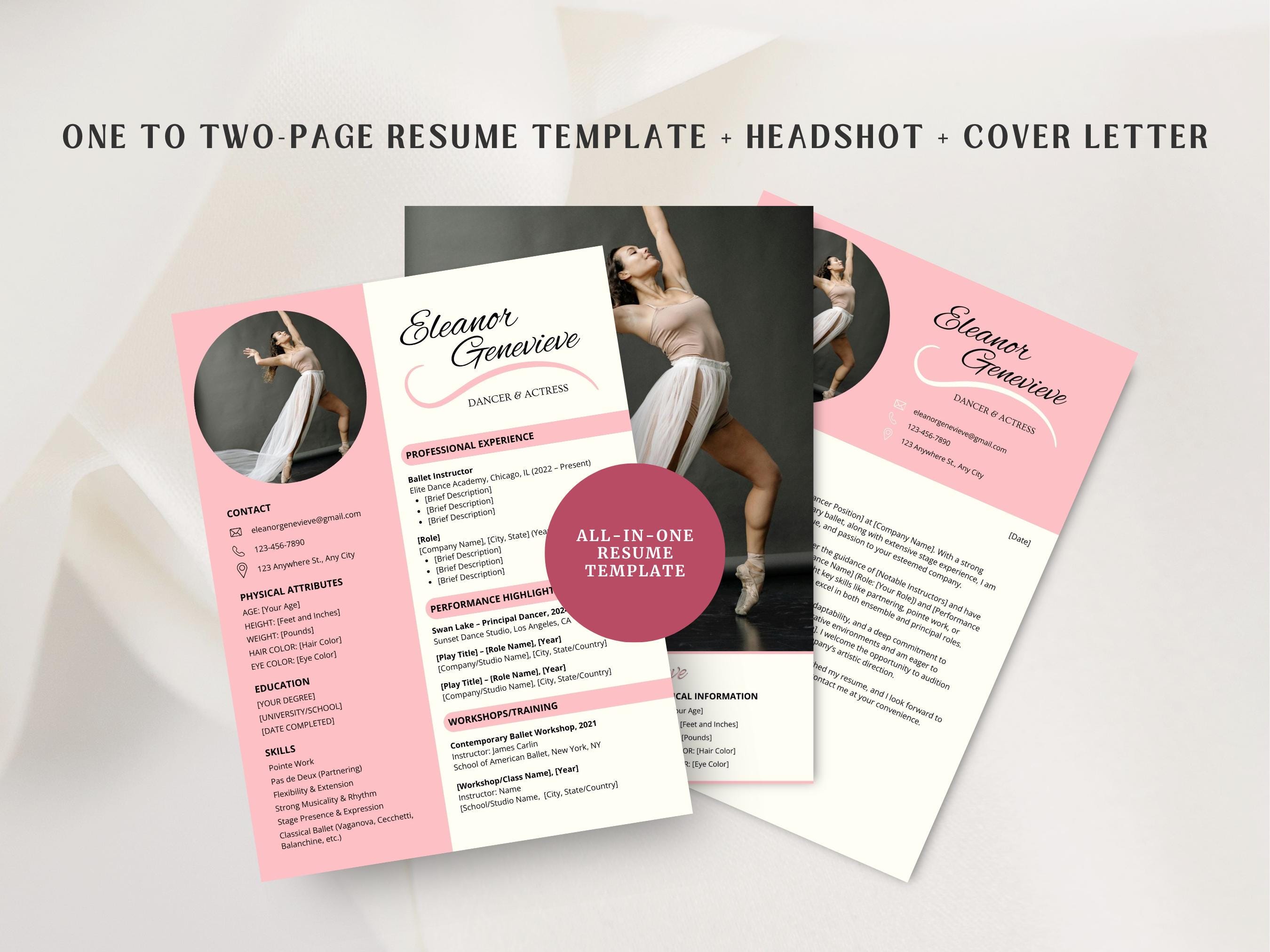 Ballet Dancer Resume Template With Headshot and Cover Photo | One to ...