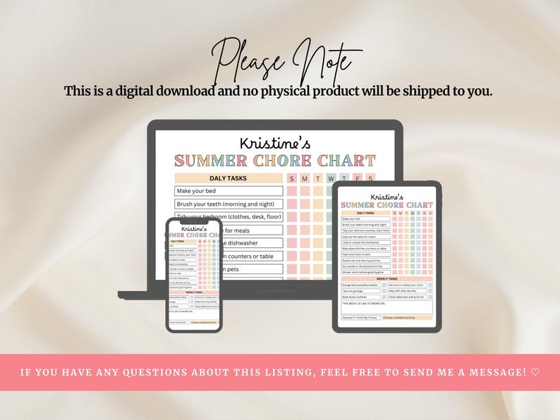Editable Summer Chore Chart for Kids and Teens, Printable ...