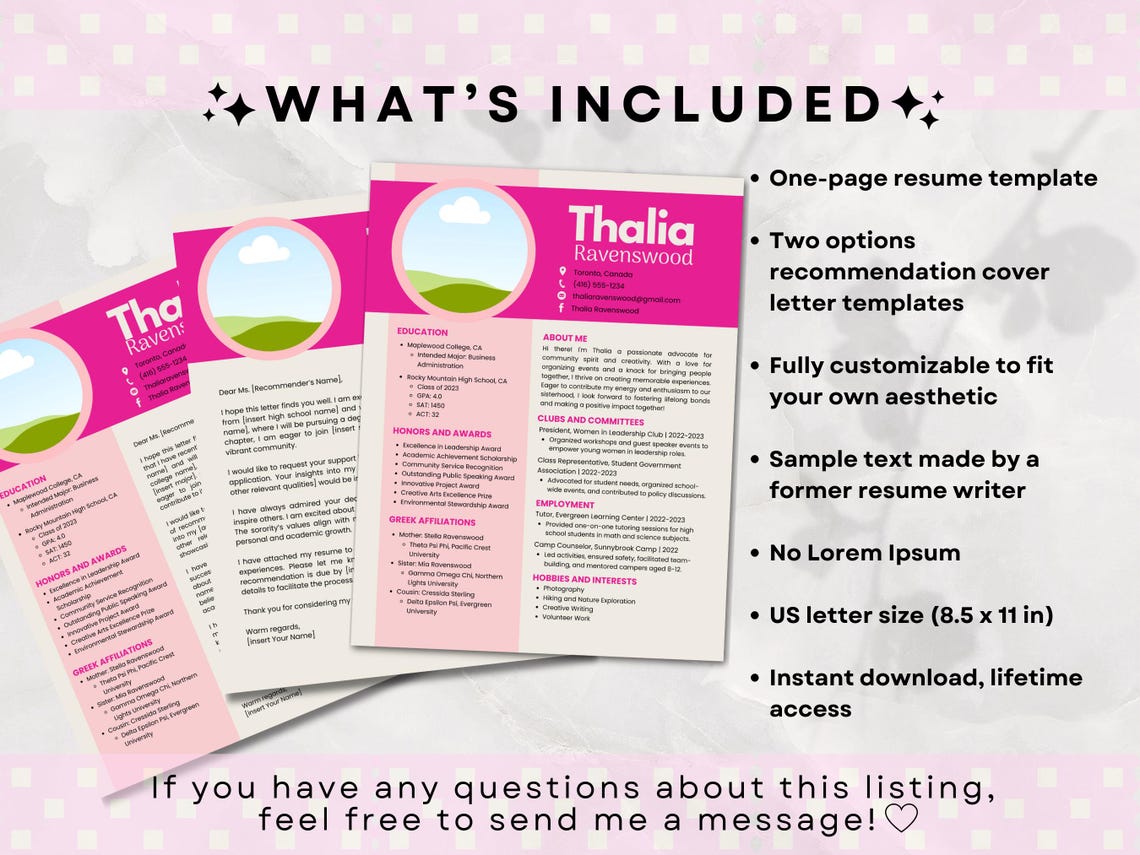 Sorority Resume Template and Cover Letter Pink Editable Canva Template ...