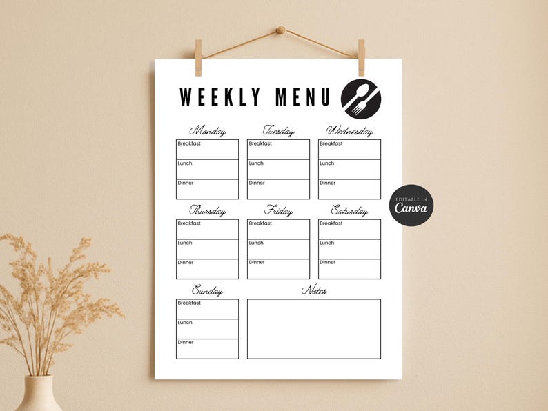 Printable Weekly Menu Template, Simple Daily Meal Planner, Breakfast ...