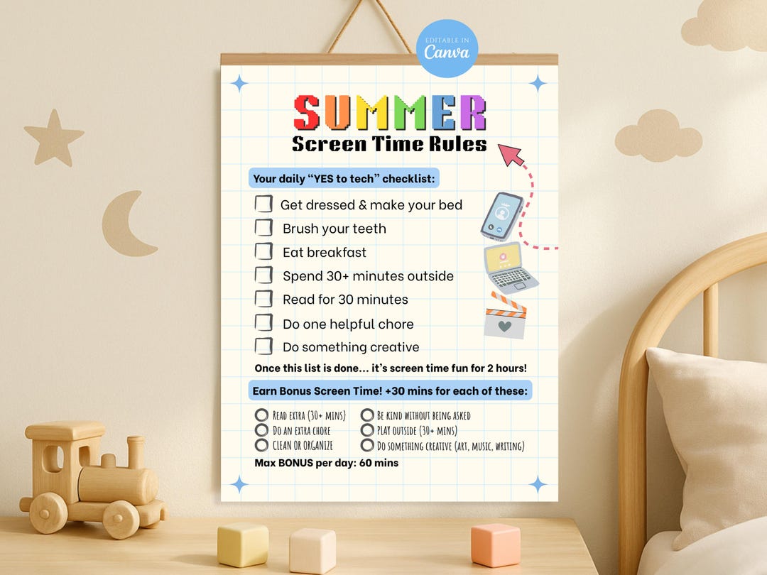 Editable Kids Summer Screentime Chart Summer Screen Time Rules Tracker ...