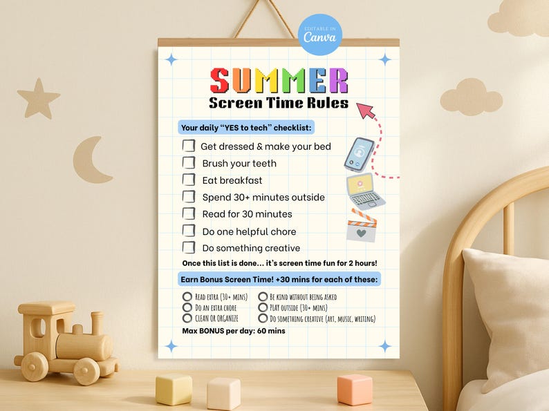 Editable Kids Summer Screentime Chart Summer Screen Time Rules Tracker ...