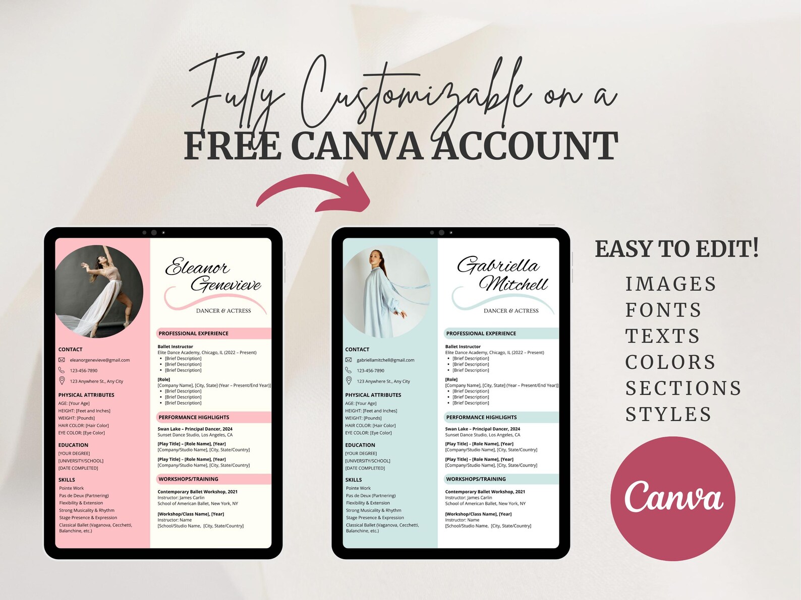 Ballet Dancer Resume Template With Headshot and Cover Photo | One to ...