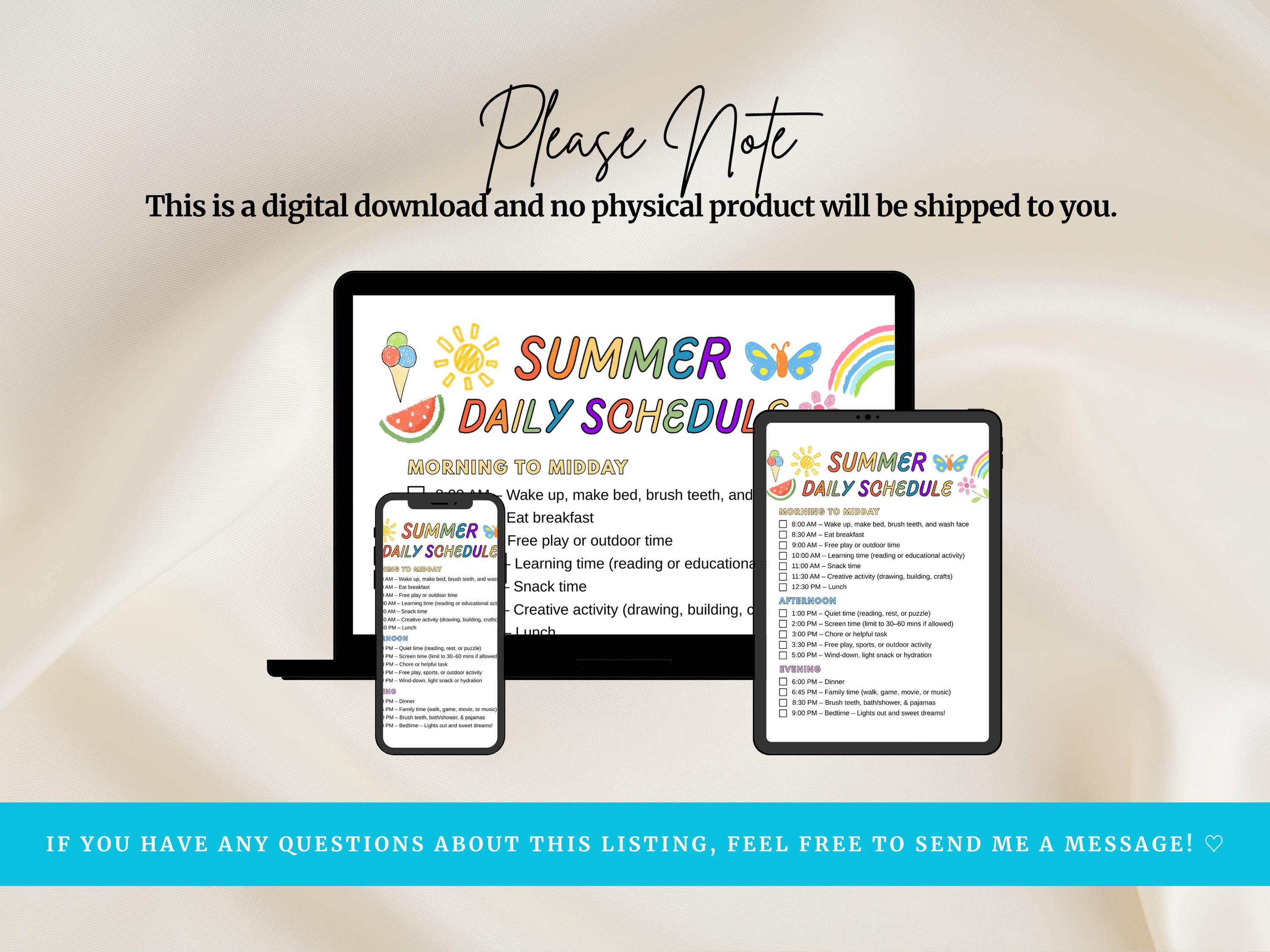 Editable Kids Summer Daily Schedule Template, Kid Schedule Chore Chart ...