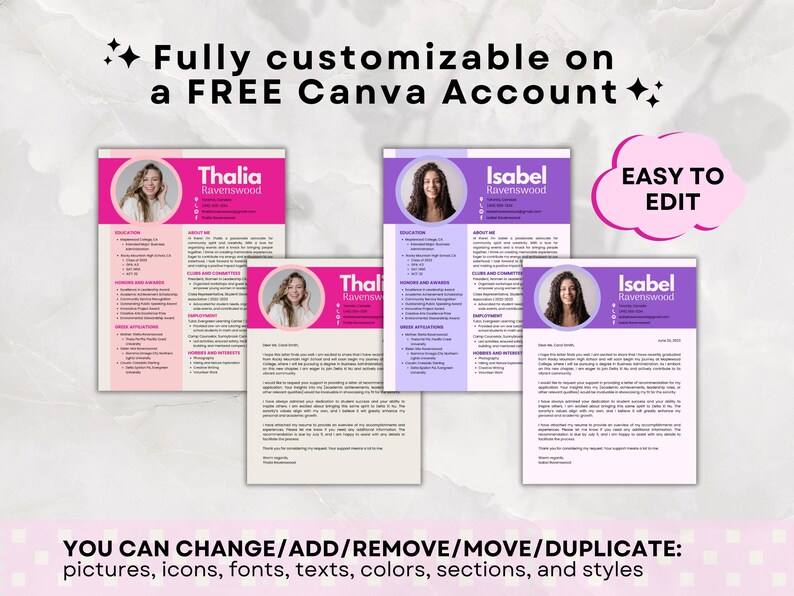 Sorority Resume Template and Cover Letter Pink Editable Canva Template ...
