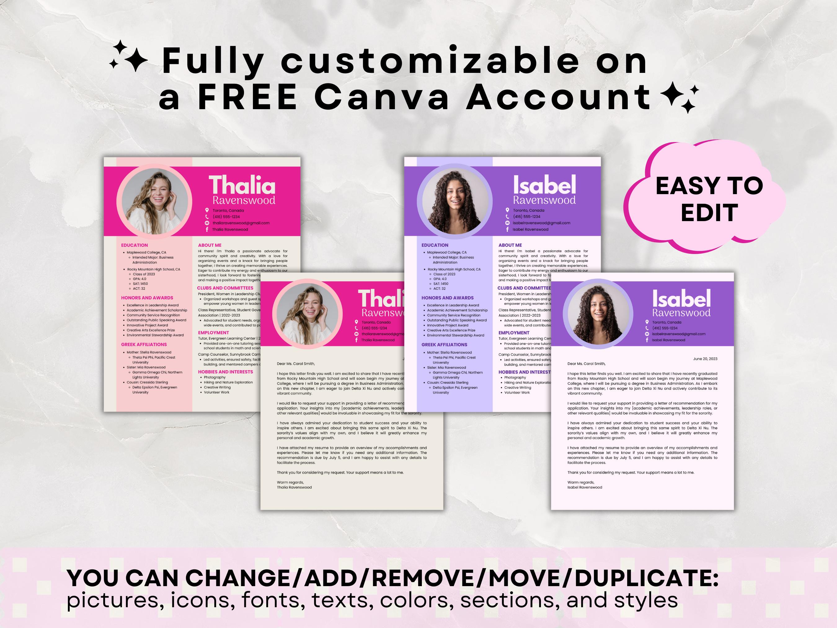 Sorority Resume Template and Cover Letter Pink Editable Canva Template ...