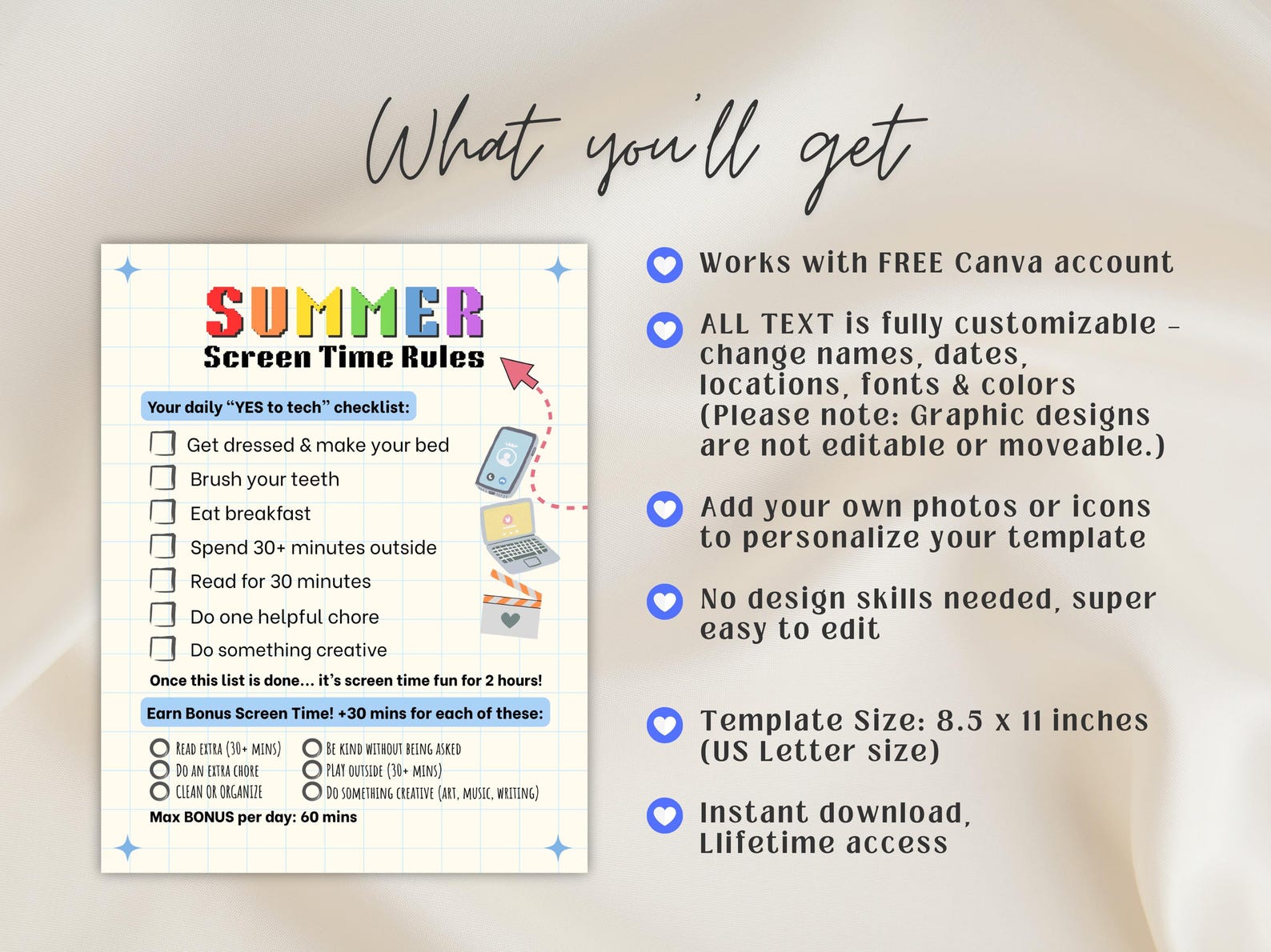Editable Kids Summer Screentime Chart Summer Screen Time Rules Tracker ...