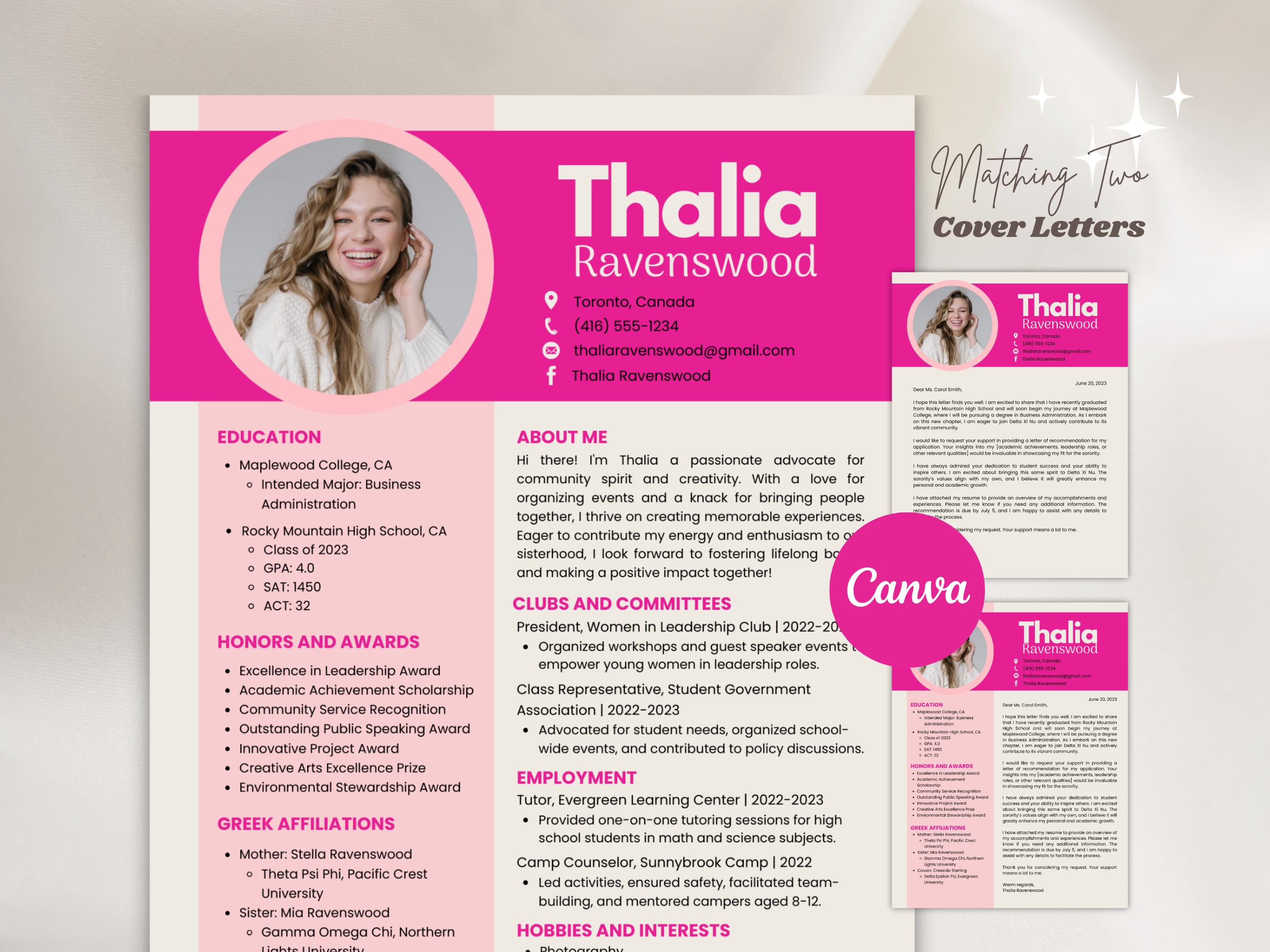 Sorority Resume Template and Cover Letter | Pink Editable Canva ...