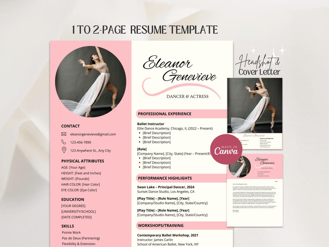 Ballet Dancer Resume Template With Headshot and Cover Photo | One to ...