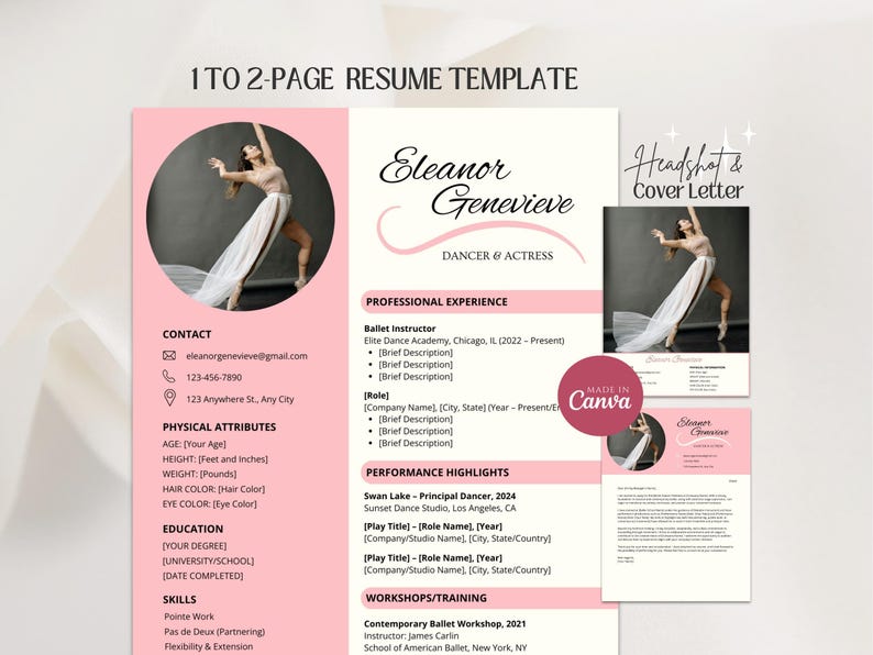 Ballet Dancer Resume Template With Headshot and Cover Photo | One to ...