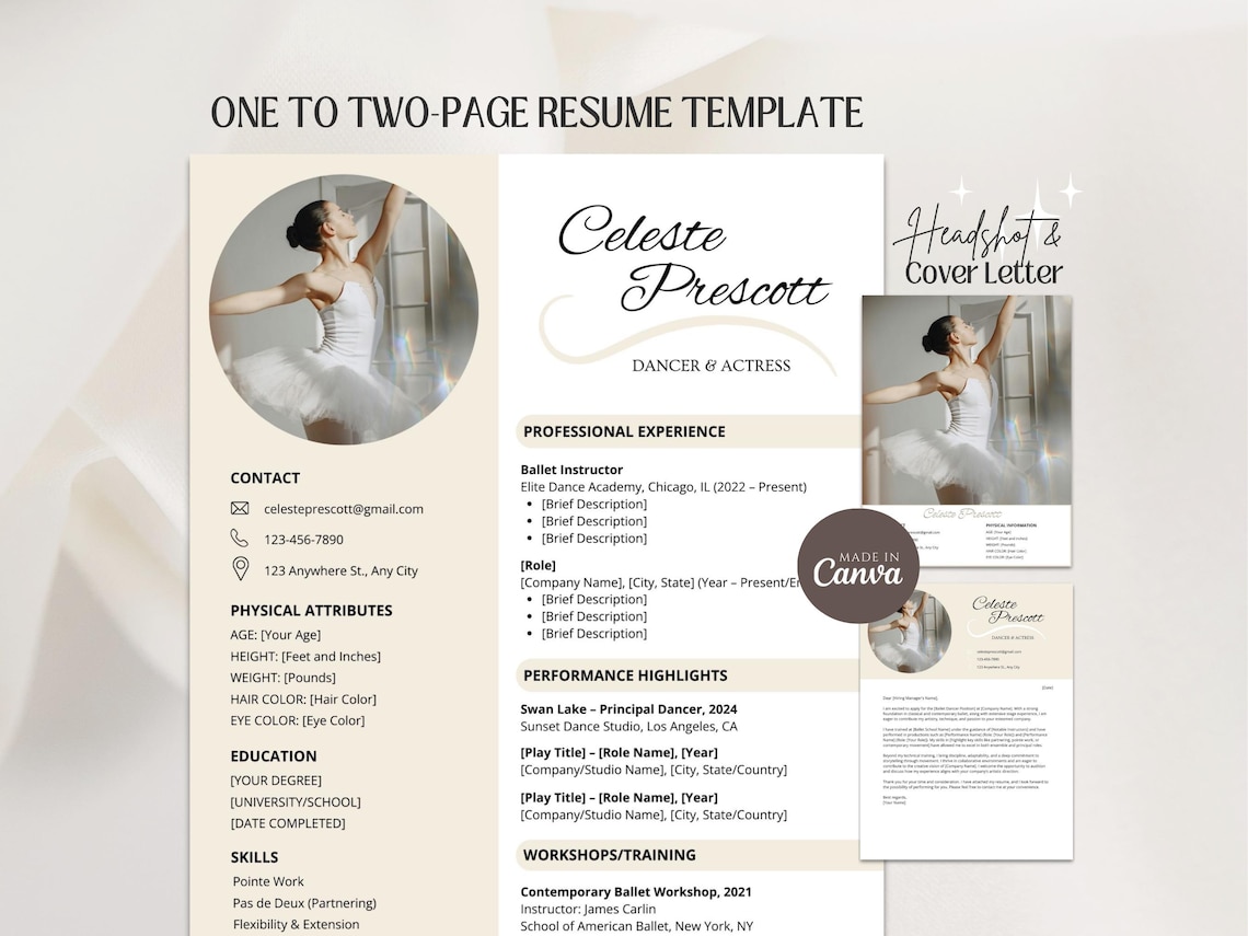 Ballet Dancer Resume Template With Headshot and Cover Photo, Dance ...