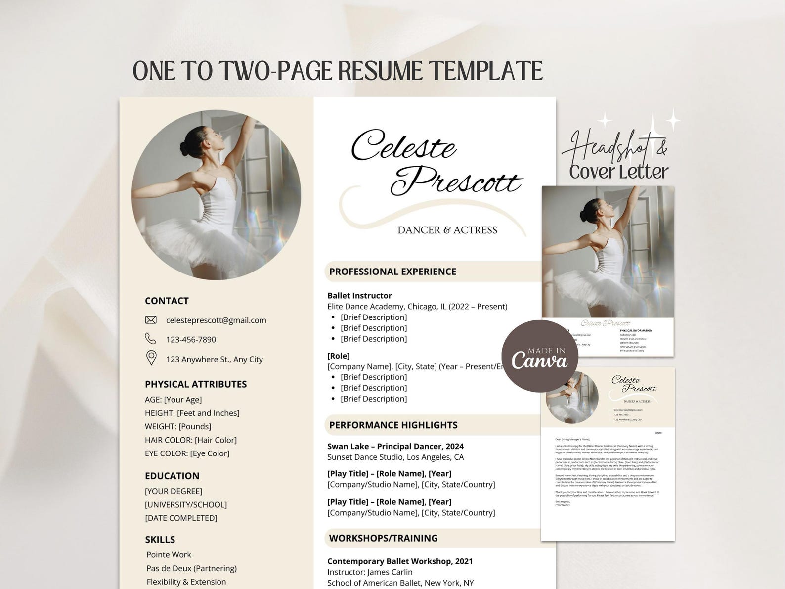 Ballet Dancer Resume Template With Headshot and Cover Photo, Dance ...