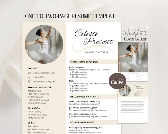 Ballet Resume Template Canva Ballerina Audition Theatre Resume Template ...