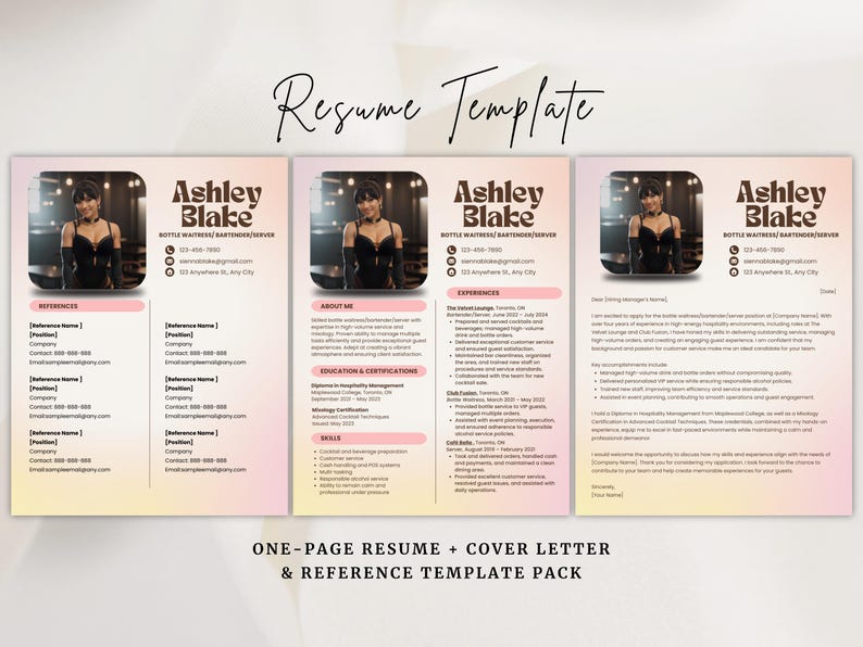 Bottle Girl, Waitress, Bartender Resume Template With Photo, Club ...