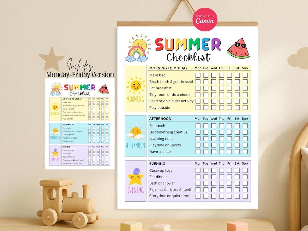 Editable Summer Chore Chart for Kids, Kids Daily Routine Chart Summer ...