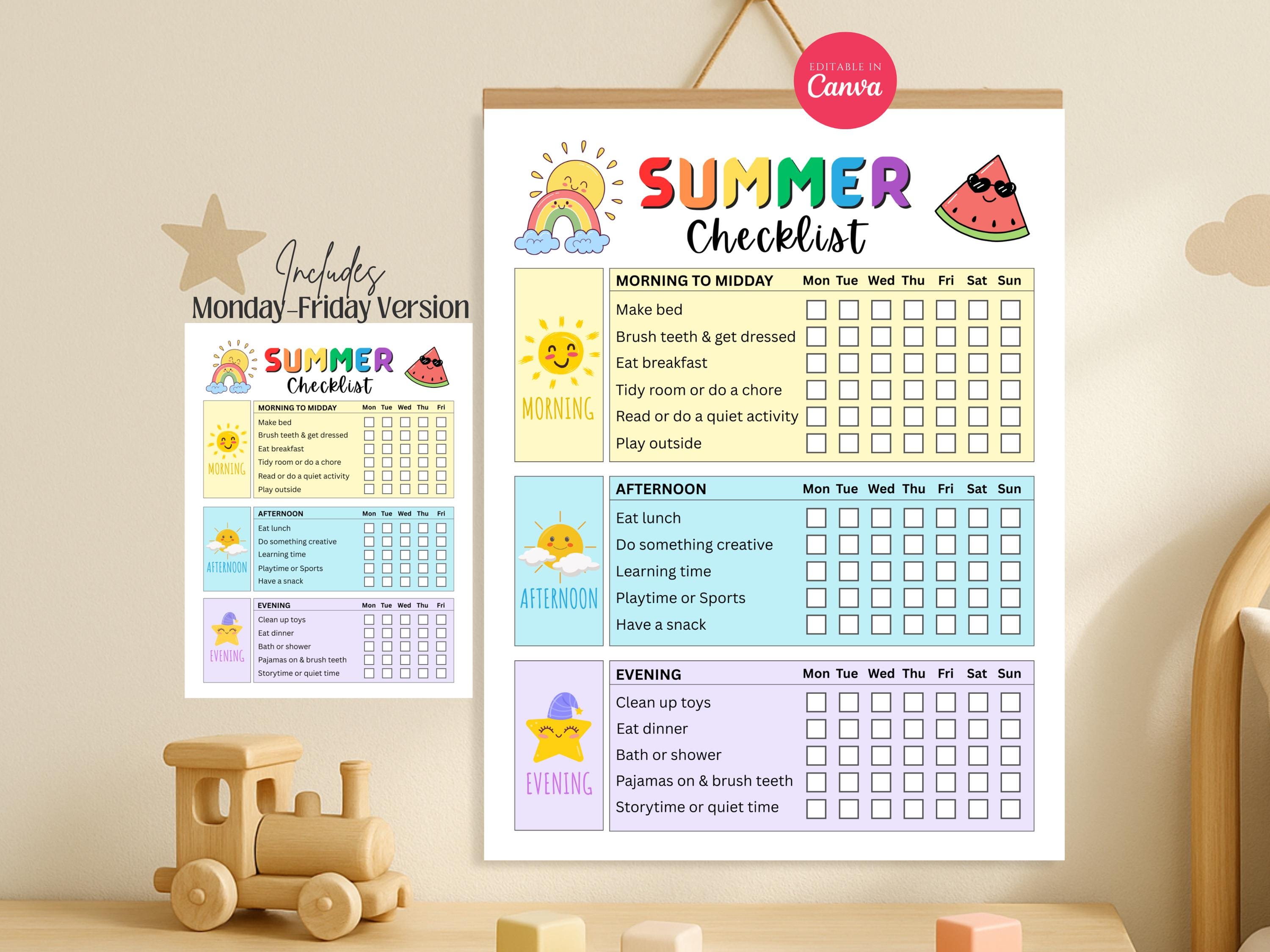 Editable Summer Chore Chart for Kids, Kids Daily Routine Chart Summer ...